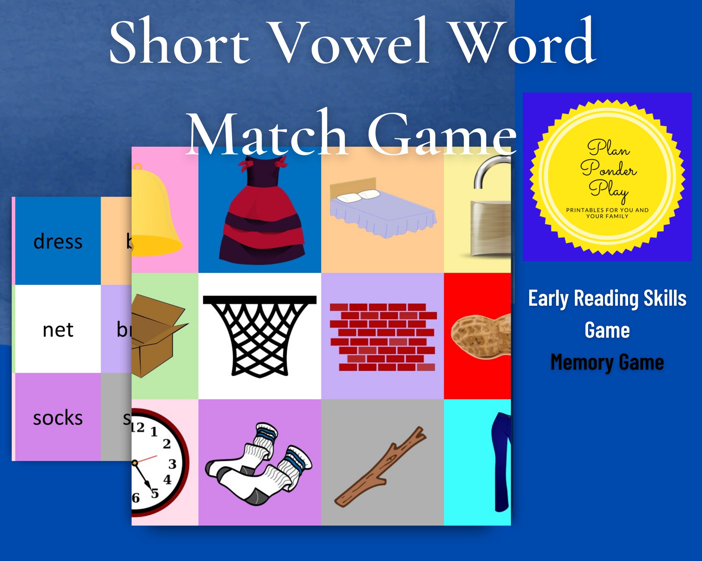 Short Vowel Word Match Word to Picture Memory Game Matching Game ...