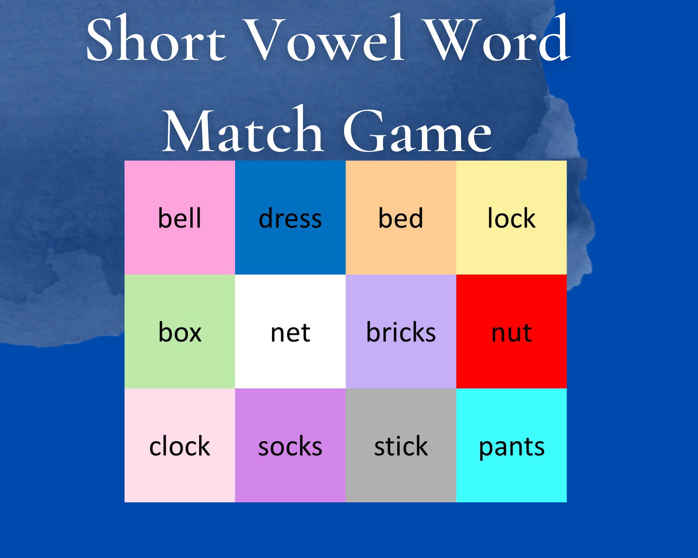 Short Vowel Word Match Word to Picture Memory Game Matching Game ...