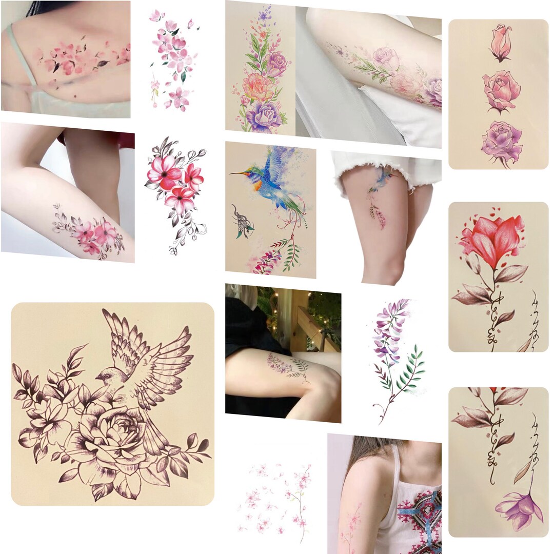 Floral Temporary Tattoo| Waterproof Transfer| Fake Tattoo| Red & Purple ...