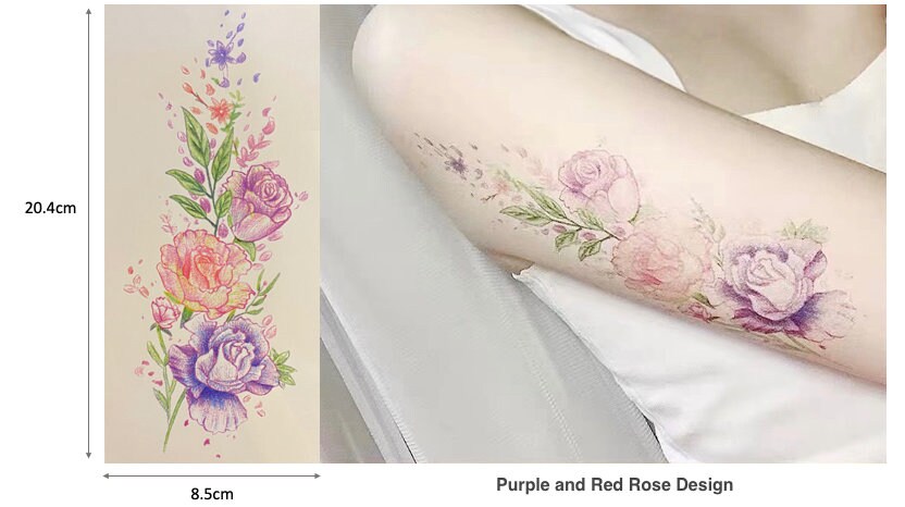 Floral Temporary Tattoo| Waterproof Transfer| Fake Tattoo| Red & Purple ...