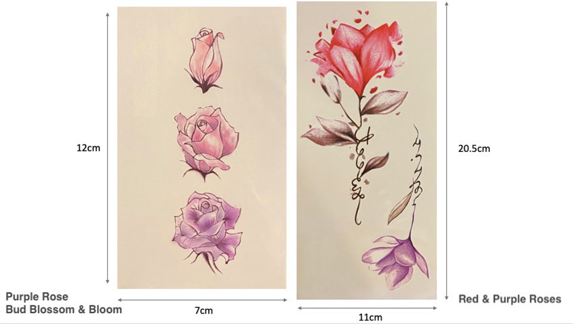 Floral Temporary Tattoo| Waterproof Transfer| Fake Tattoo| Red & Purple ...