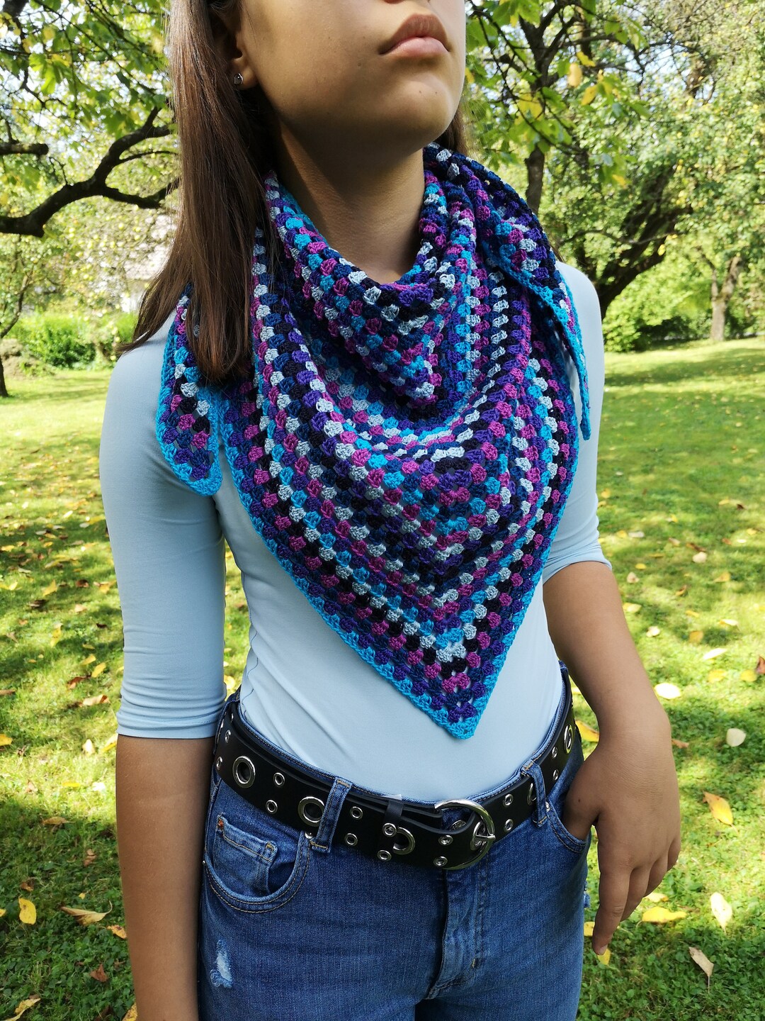 Striped Lacy Cotton Shawlette, Unique Statement Scarf, Purple & Blue ...
