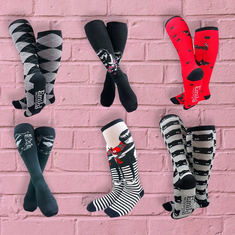 Emily the Strange 6 Pair Knee High Socks, Goth Socks, Black Cat, Punk ...