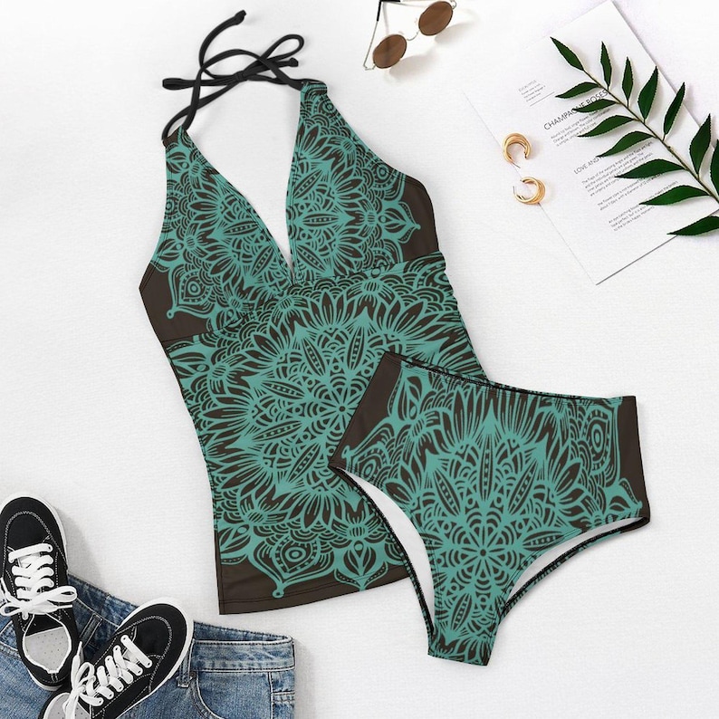 Blue Mandala Halter Tankini Set: Boho Two Piece Swimsuit - Etsy