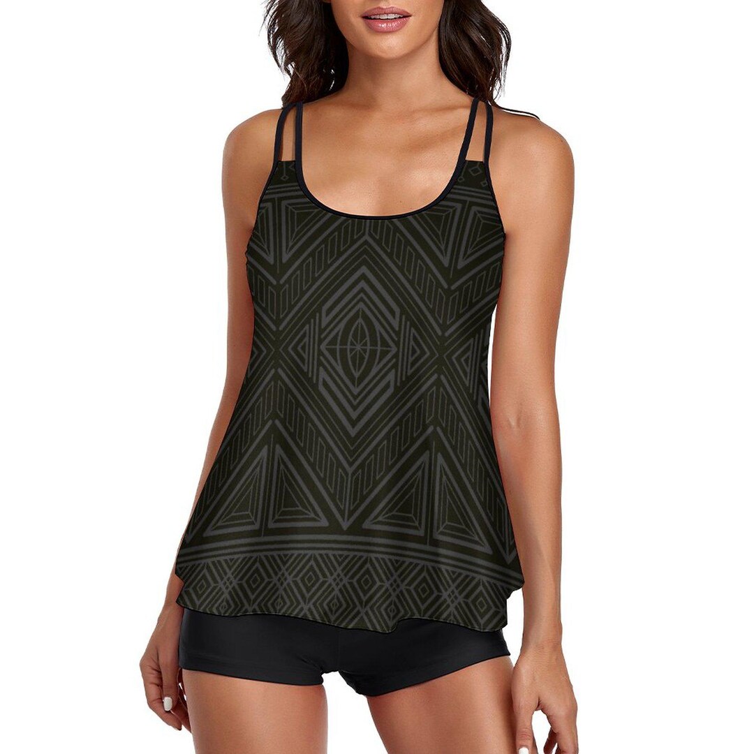 Black Native Print Two Piece Halter Swimsuit for Women, V-neck Tankini ...