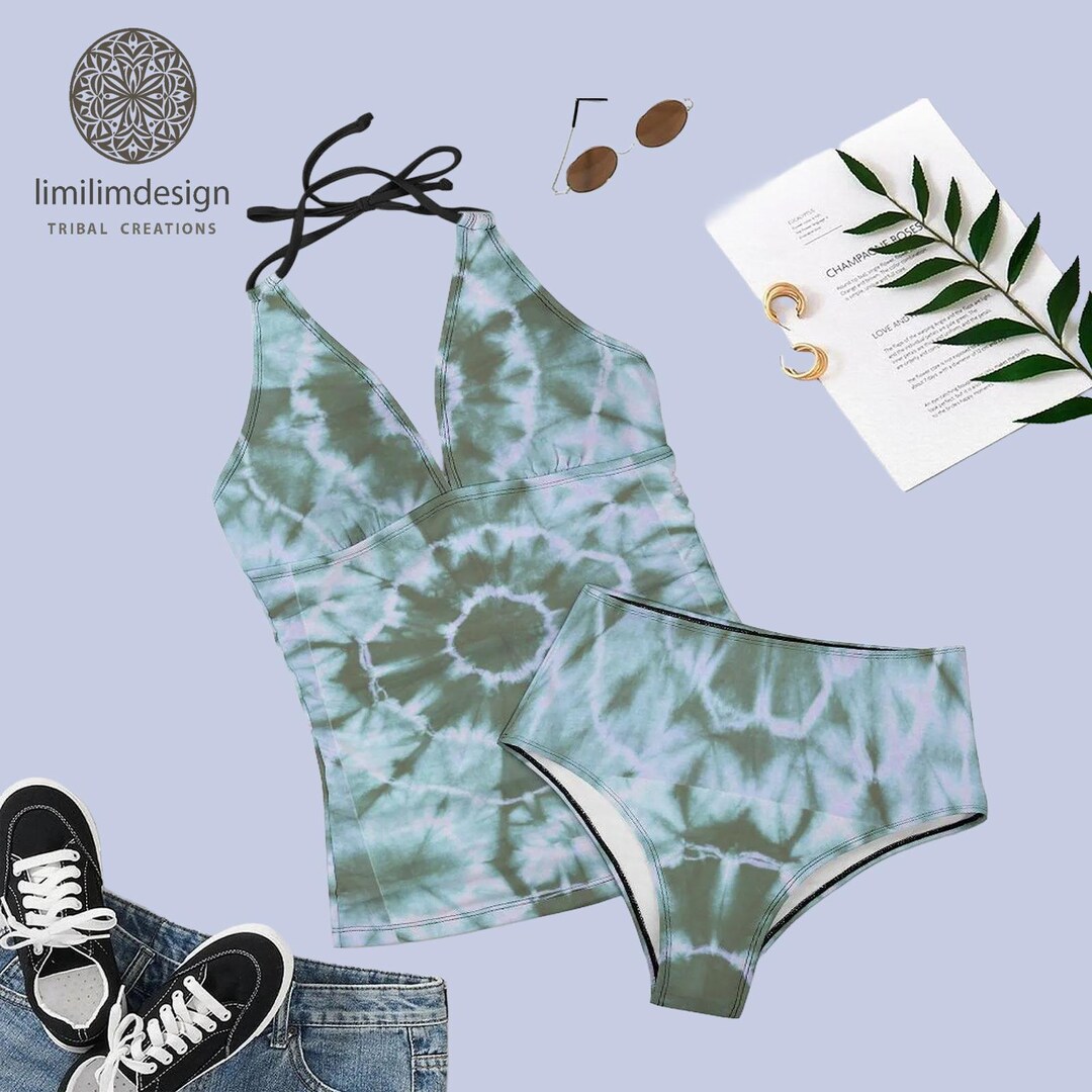 Tie Dye Blue Native Print Two Piece Halter Swimsuit , V-neck Tankini ...