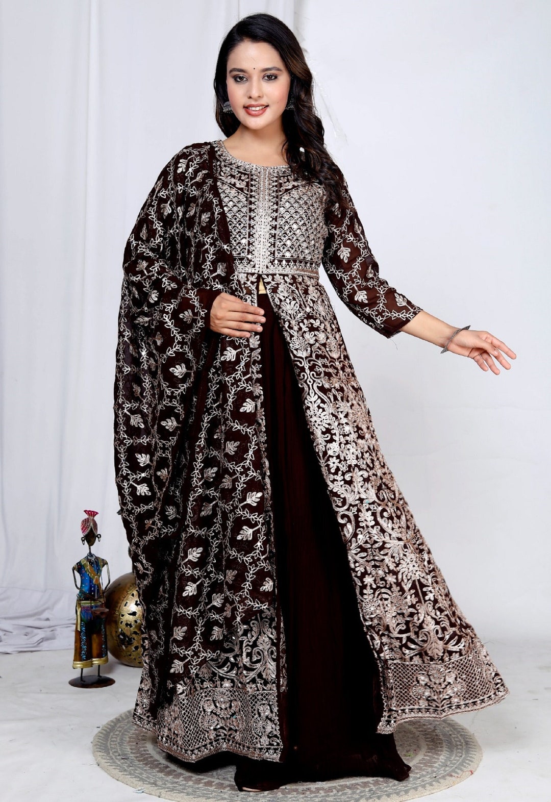 Designer Slit Anarkali Dress Suits Indian Ethnic Front Cut Full Flared ...