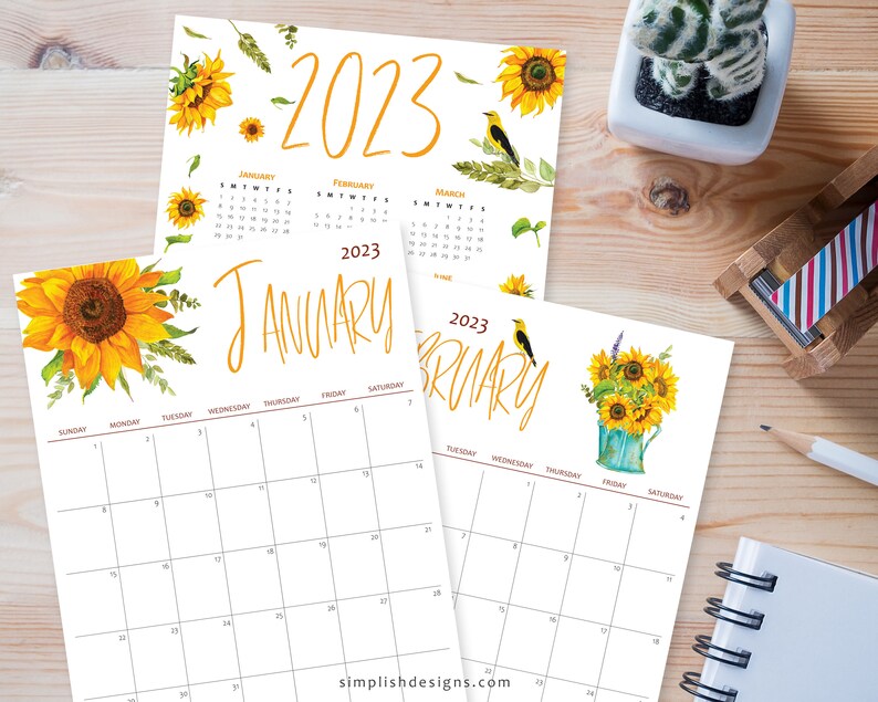 2023 Sunflowers Monthly Calendar Printable Sunflower Calendar - Etsy