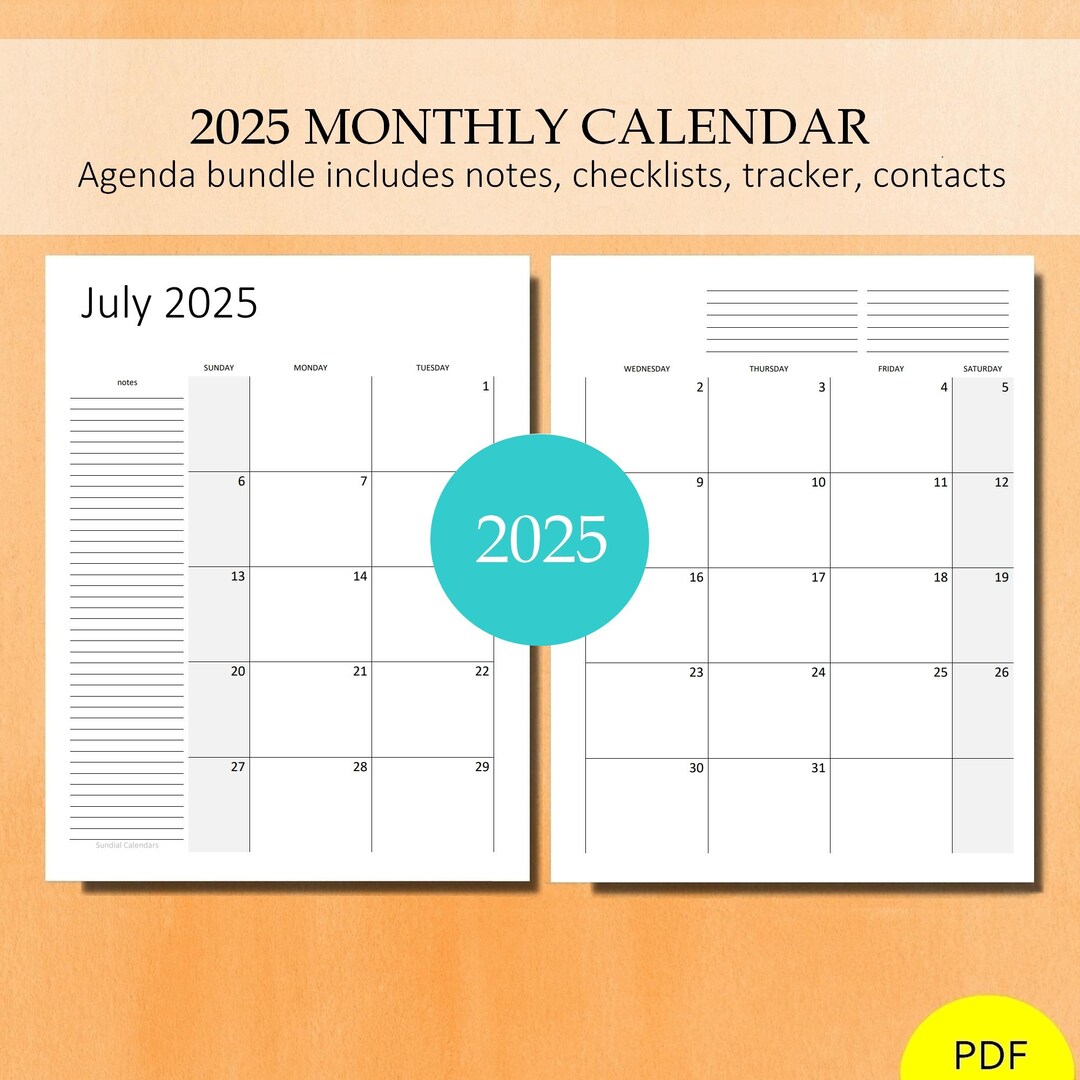 2025 Monthly Calendar Planner. PDF Agenda Printable. Inlcudes Notes ...