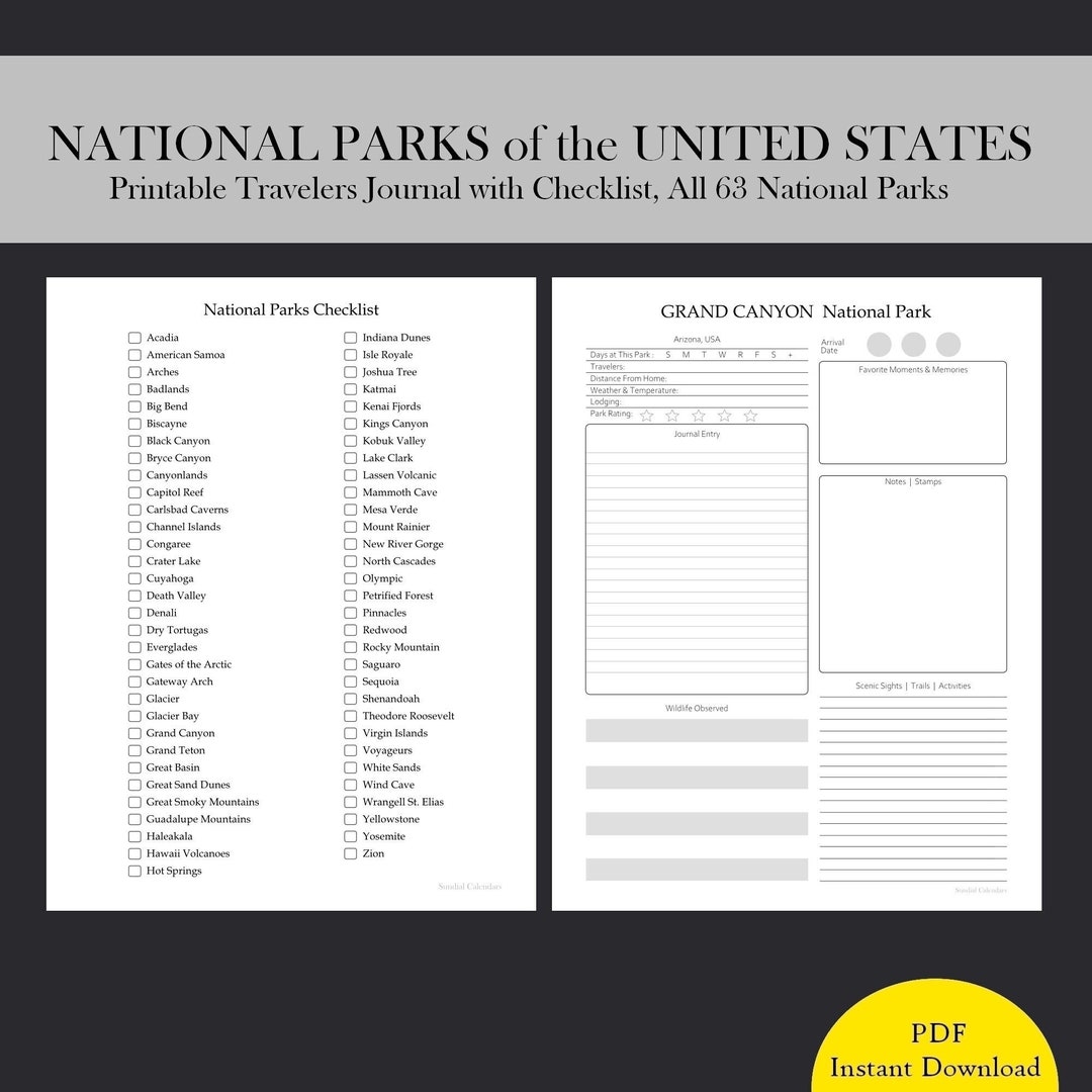 National Parks ‘on the Go’ Journal Log. Printable PDF. 63 US National ...
