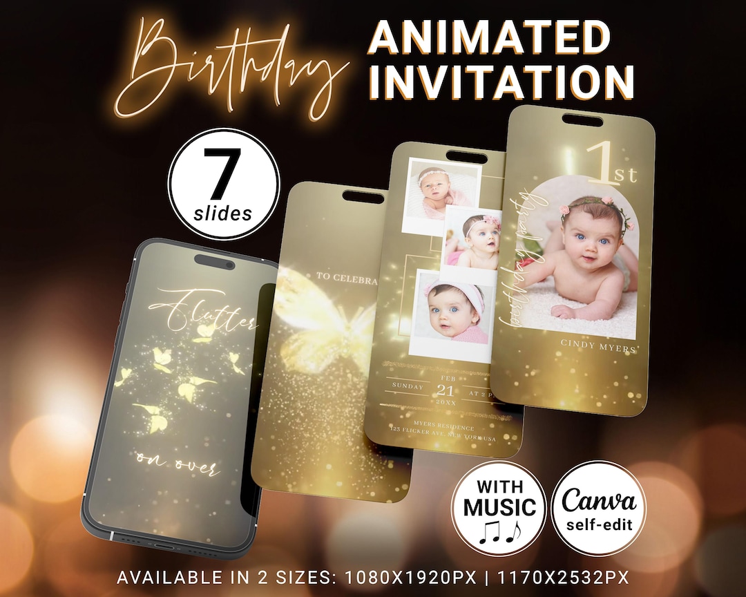 Animated Invitation Butterfly, Flutter on Over Animated 1st Birthday ...