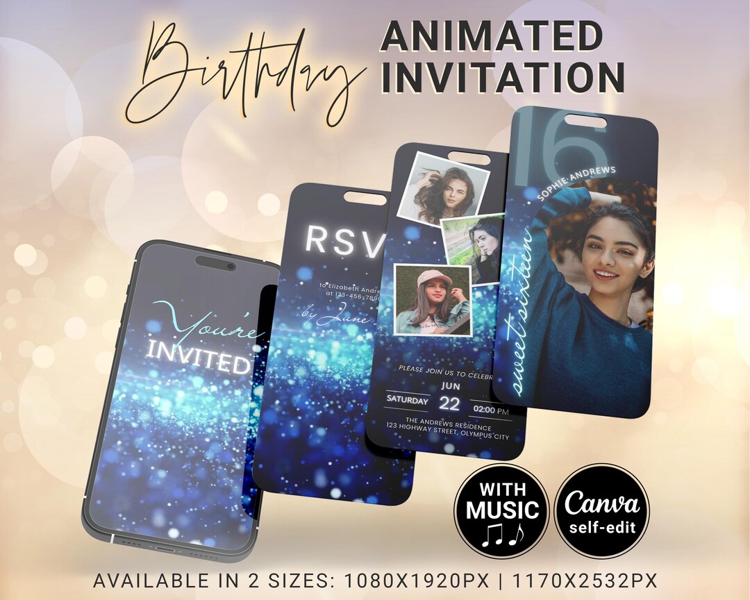Animated Birthday Invitation Cards for Whatsapp, 16th Birthday Neon ...