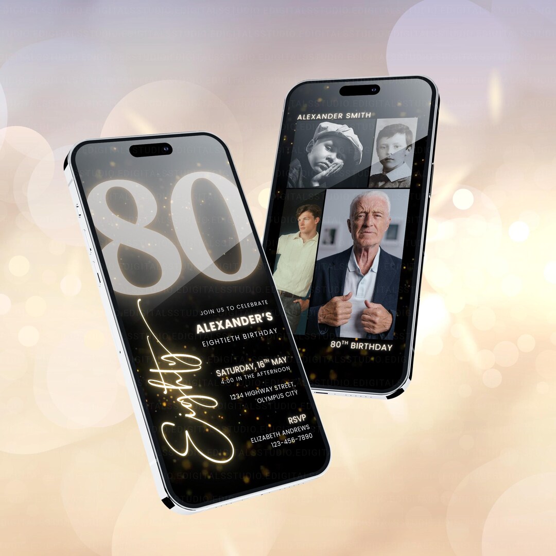 Animated Gold Glitter 80 Eighty Custom Photos Digital Invitation, CANVA ...