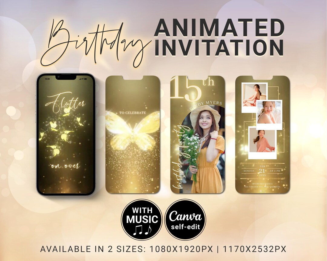 Quinceanera Invitation Digital Gold Butterfly, Animated Flutter Fly ...