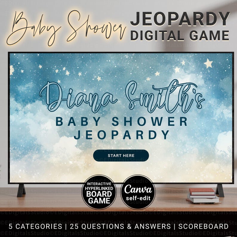 Dreamy Baby Shower Jeopardy Game, Interactive Trivia (canva Editable ...