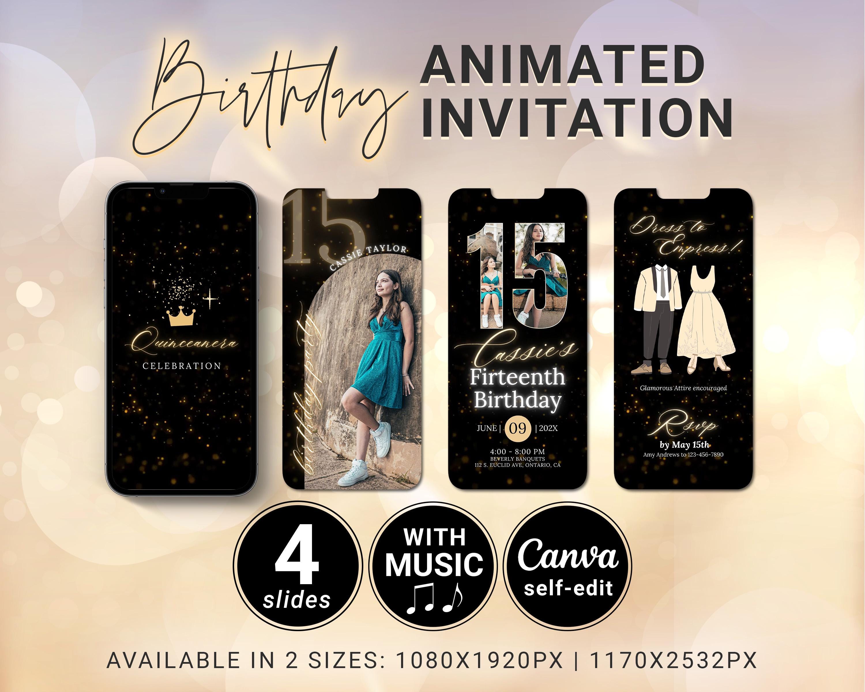 Animated Invitation 15, Editable Photos Quinceañera Invites Gold ...