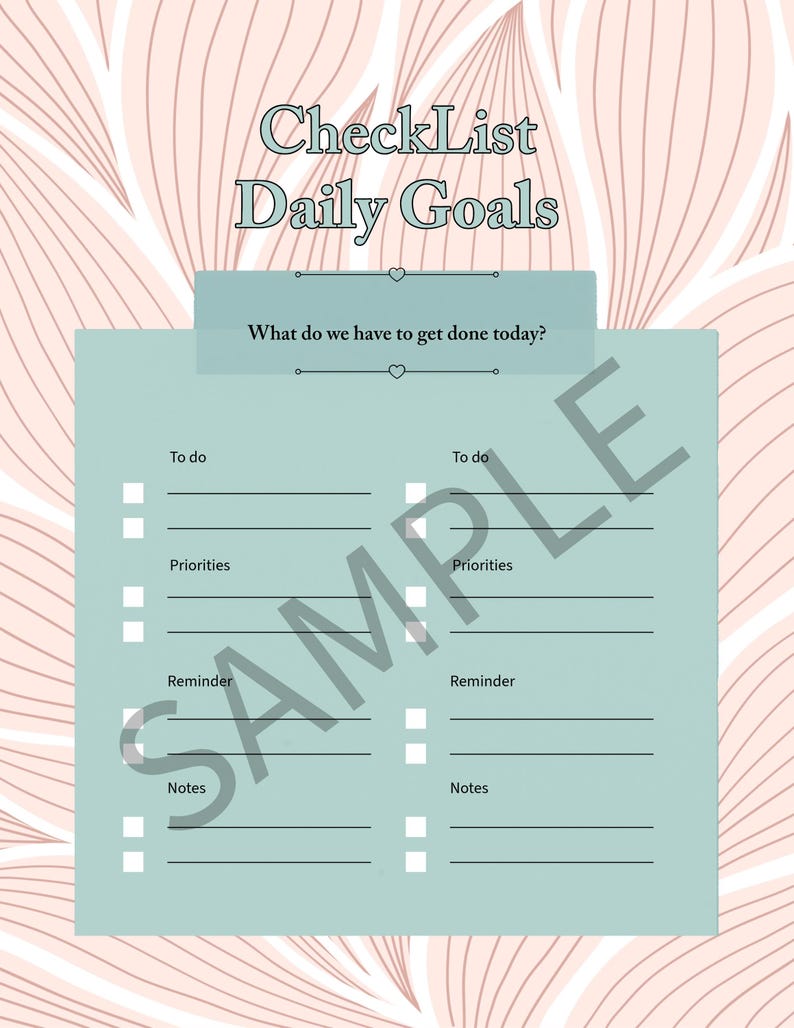 Daily Goals Checklist Printable. To-do List Planner. Productivity ...