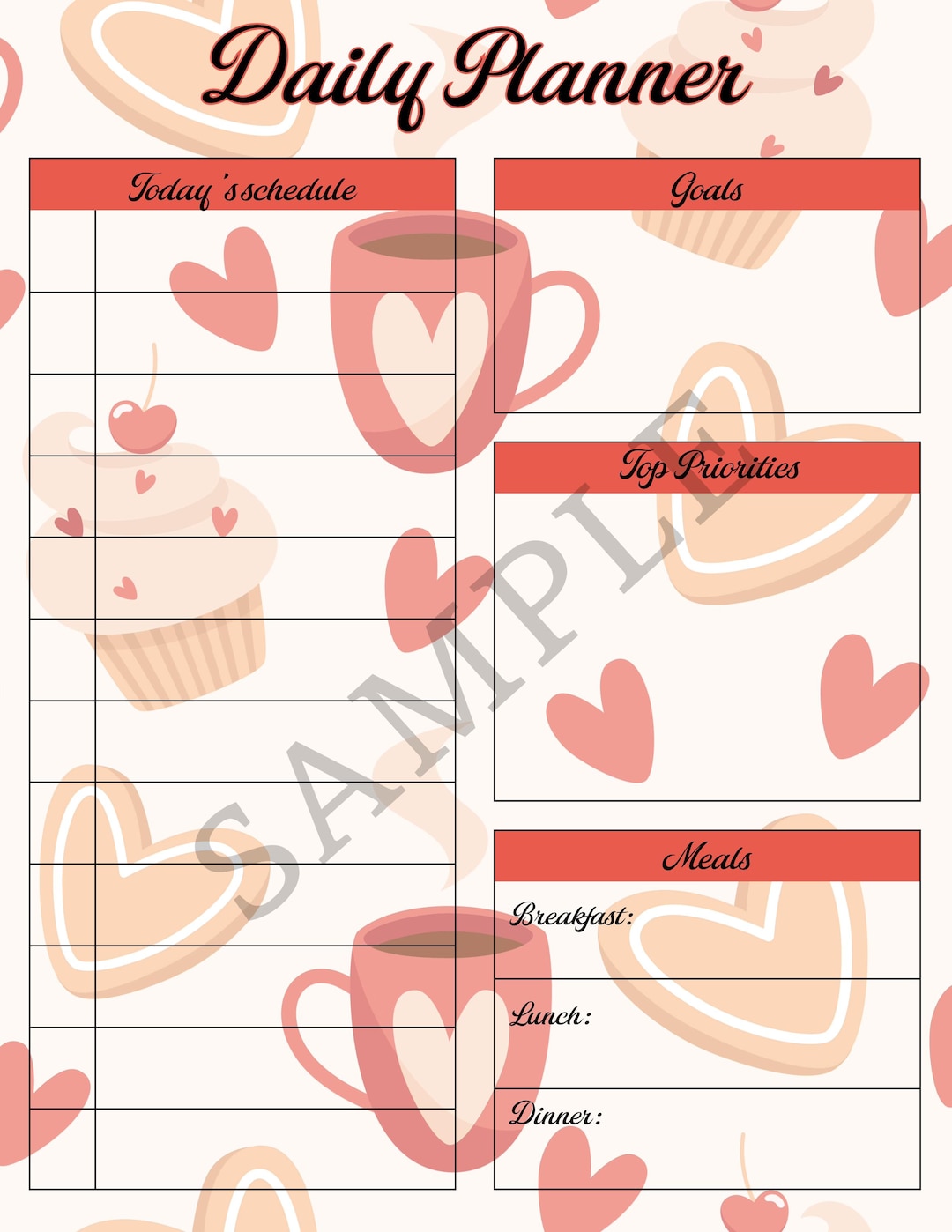Valentine's Day Daily Planner, Heart & Coffee Schedule (PDF Download ...