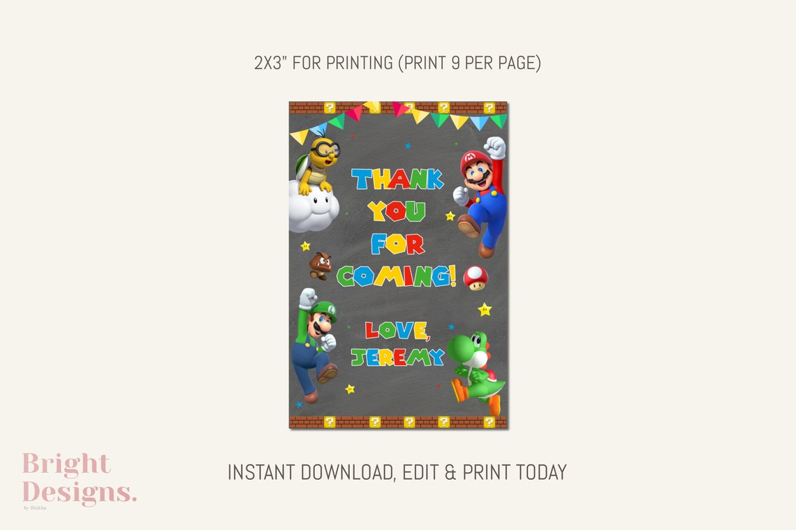 Personalized Super Mario Birthday Thank You Card/tag Template, Mario Brothers Thank You Tags ...