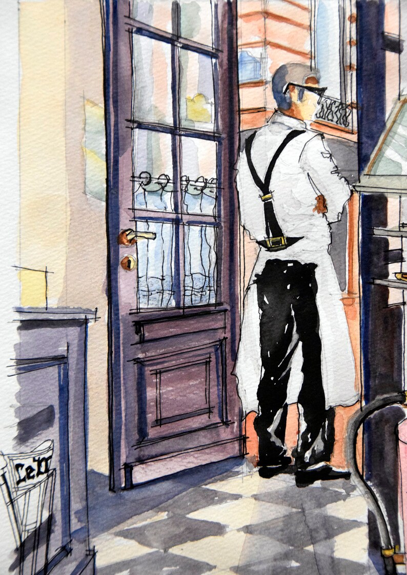 Parisian Cafe Waiter Watercolor Painting: Signed Handmade Wall Art (9 ...