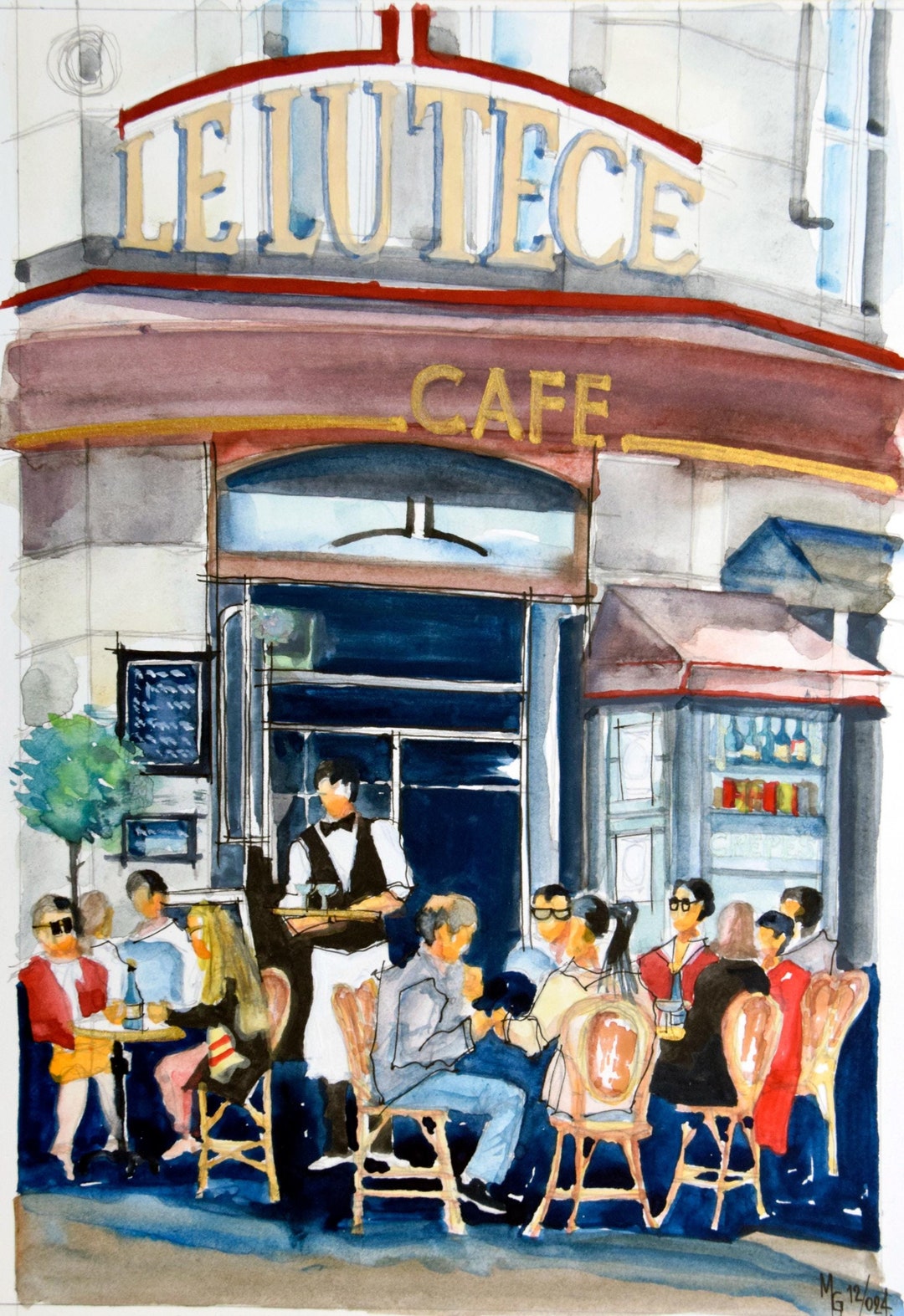 French Cafe Wall Art, Le LUTECE Brasserie, Paris, Watercolor Painting ...