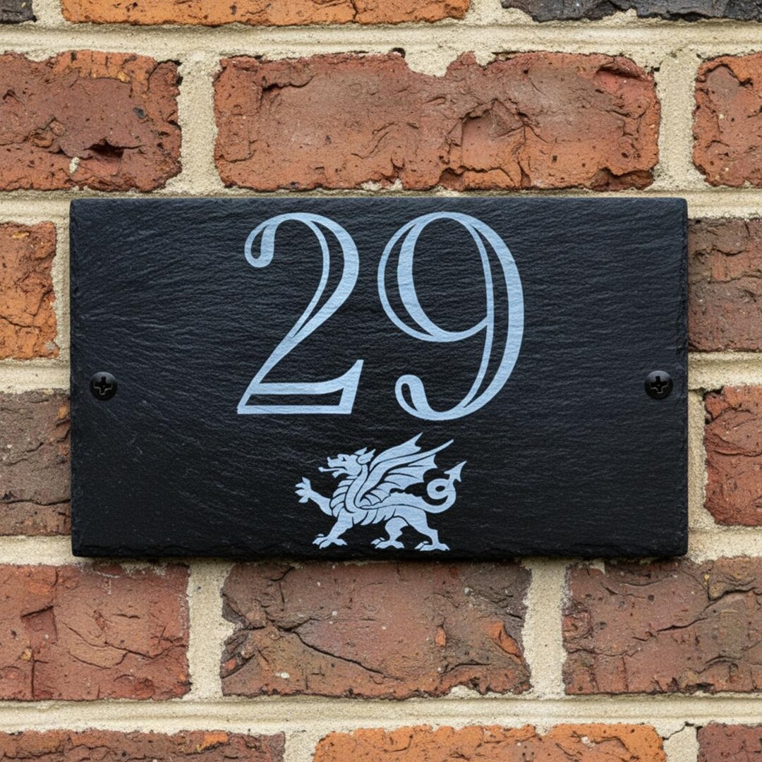Welsh Slate House Number Door Sign Natural Plaque With Engraved Dragon ...