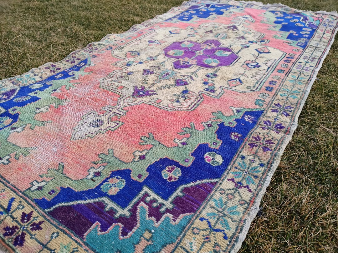 Turkish Guney Rug , Pink and Blue Rug , Cool Vintage Rug , Handwoven ...
