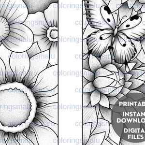 Grayscale Floral Coloring Bookmarks Printable, Cute Coloring Page for ...