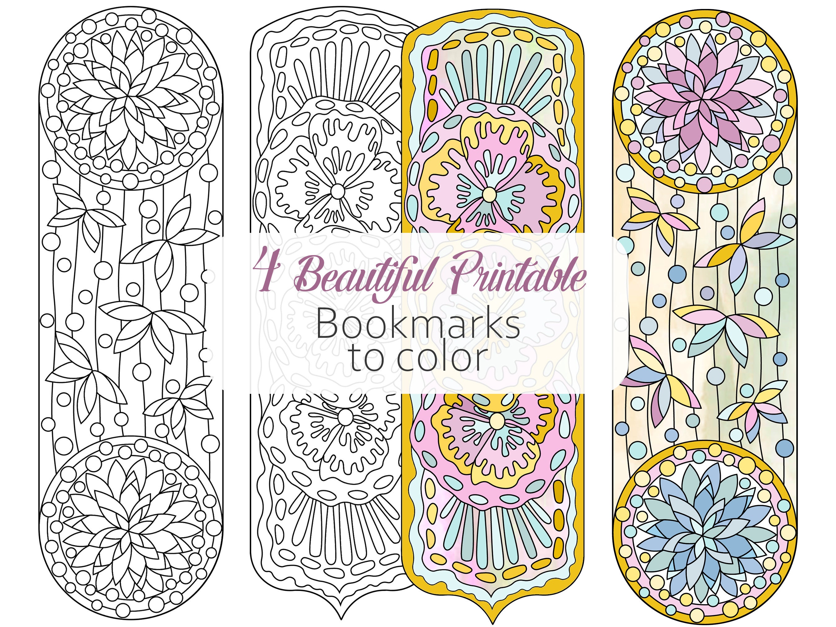 Flower Coloring Bookmark Set of 4 Printable Spring Adult - Etsy