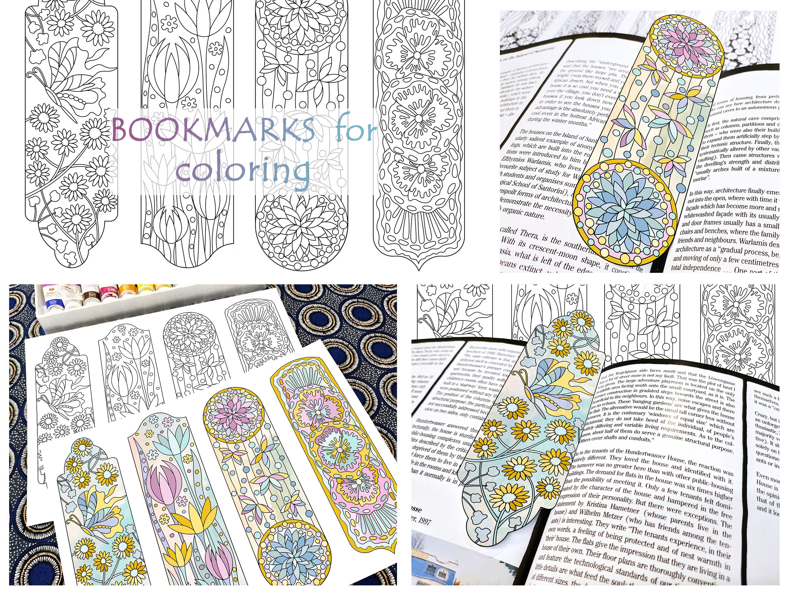 Flower Coloring Bookmark Set of 4 Printable Spring Adult - Etsy