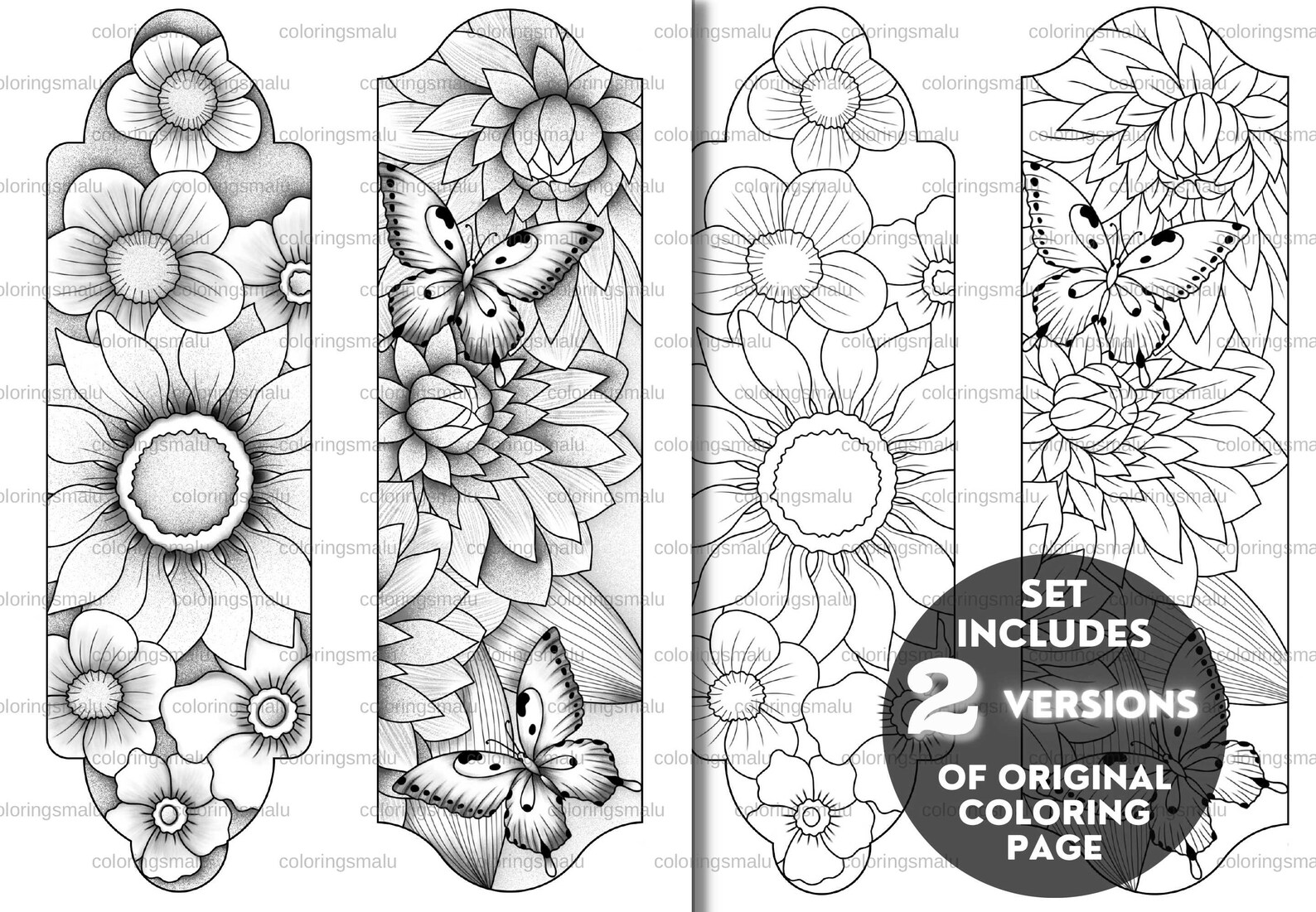 Grayscale Floral Coloring Bookmarks Printable, Cute Coloring Page for ...
