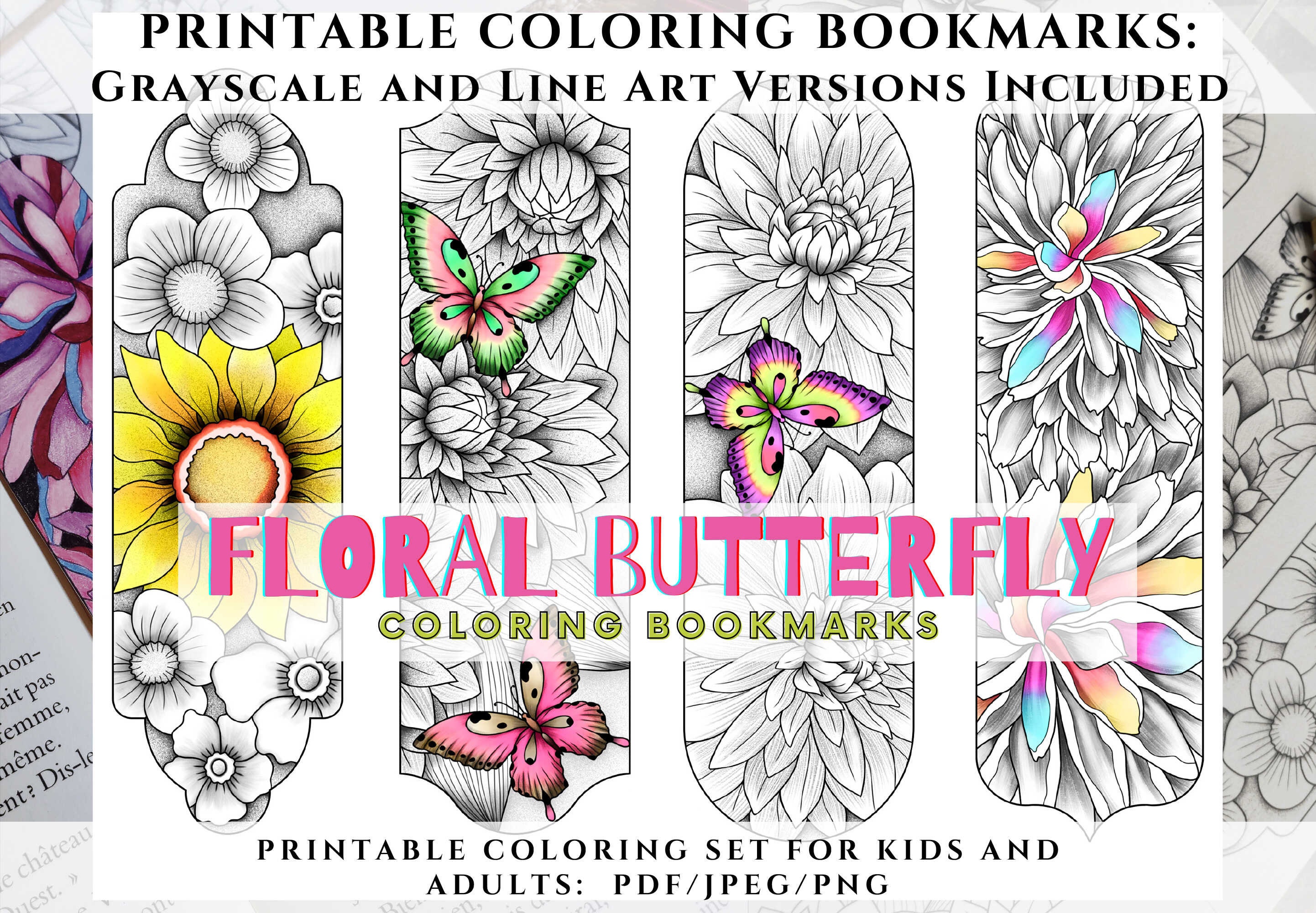 Grayscale Floral Coloring Bookmarks Printable, Cute Coloring Page for ...