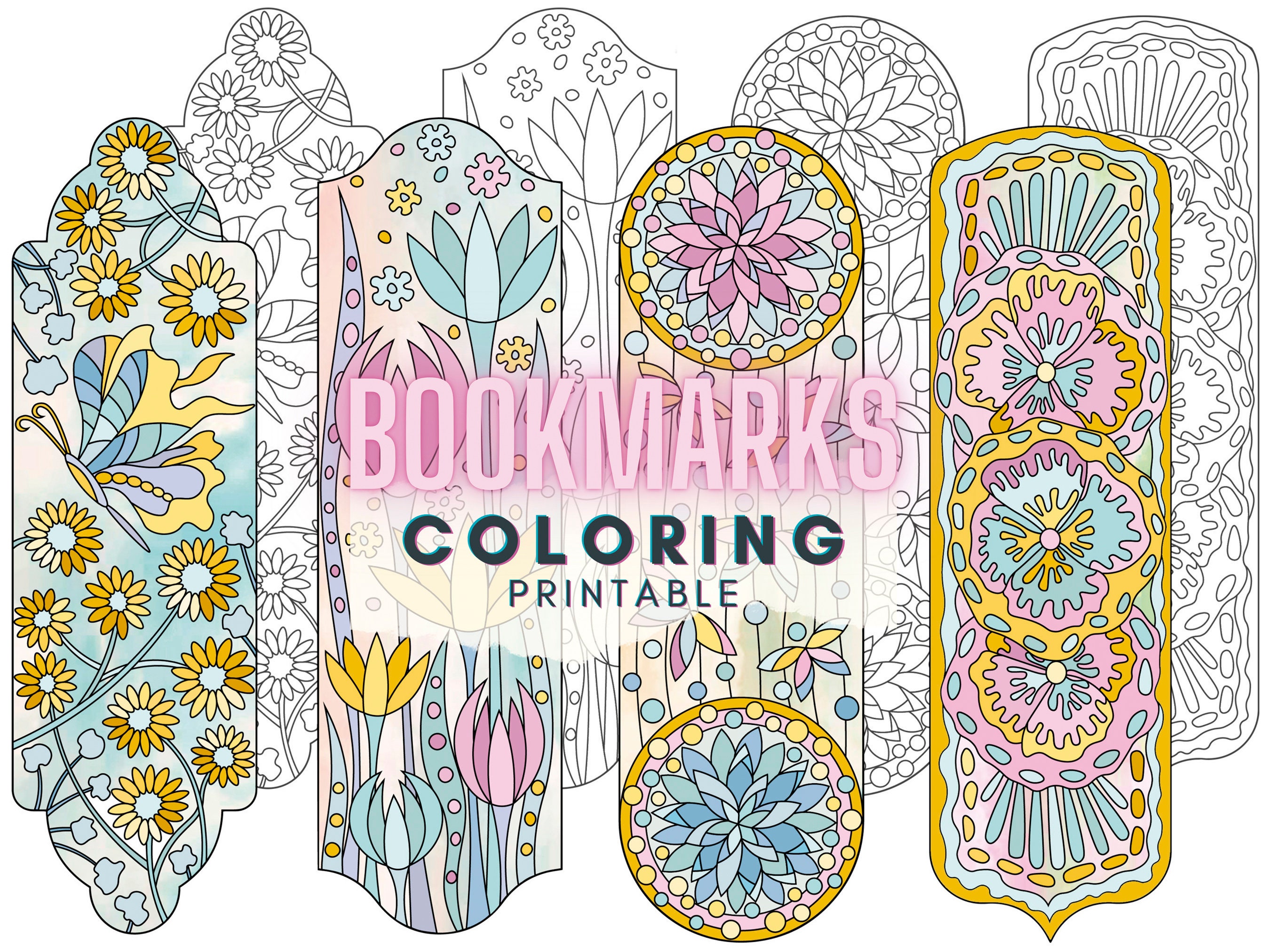 Flower Coloring Bookmark Set of 4 Printable Spring Adult - Etsy