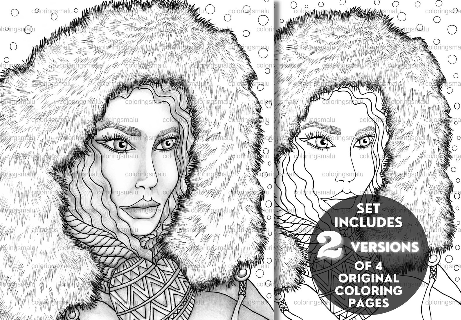 Grayscale Cute Girls Coloring Pages Printable, Cozy Adult Coloring Book ...