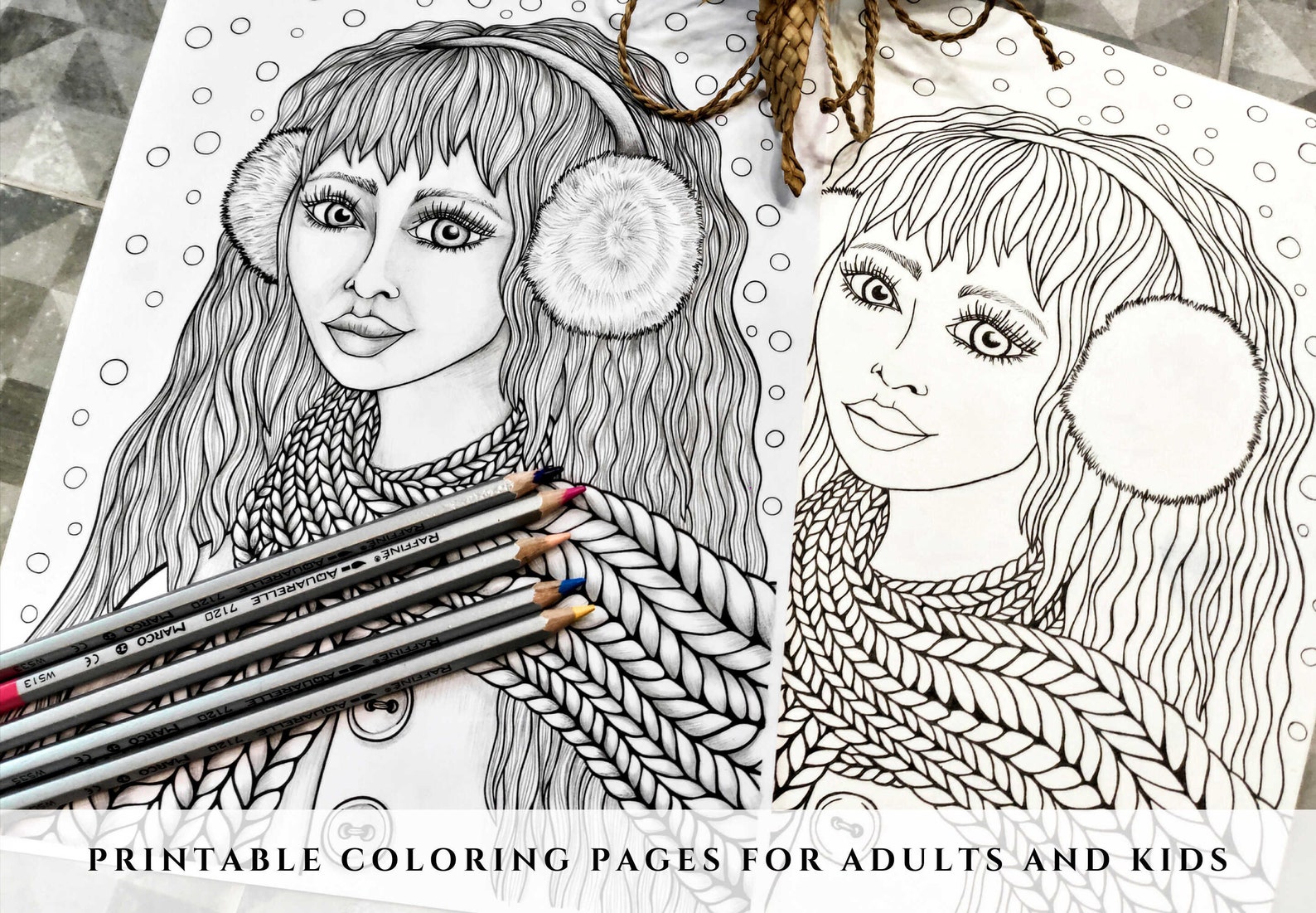 Grayscale Cute Girls Coloring Pages Printable, Cozy Adult Coloring Book ...