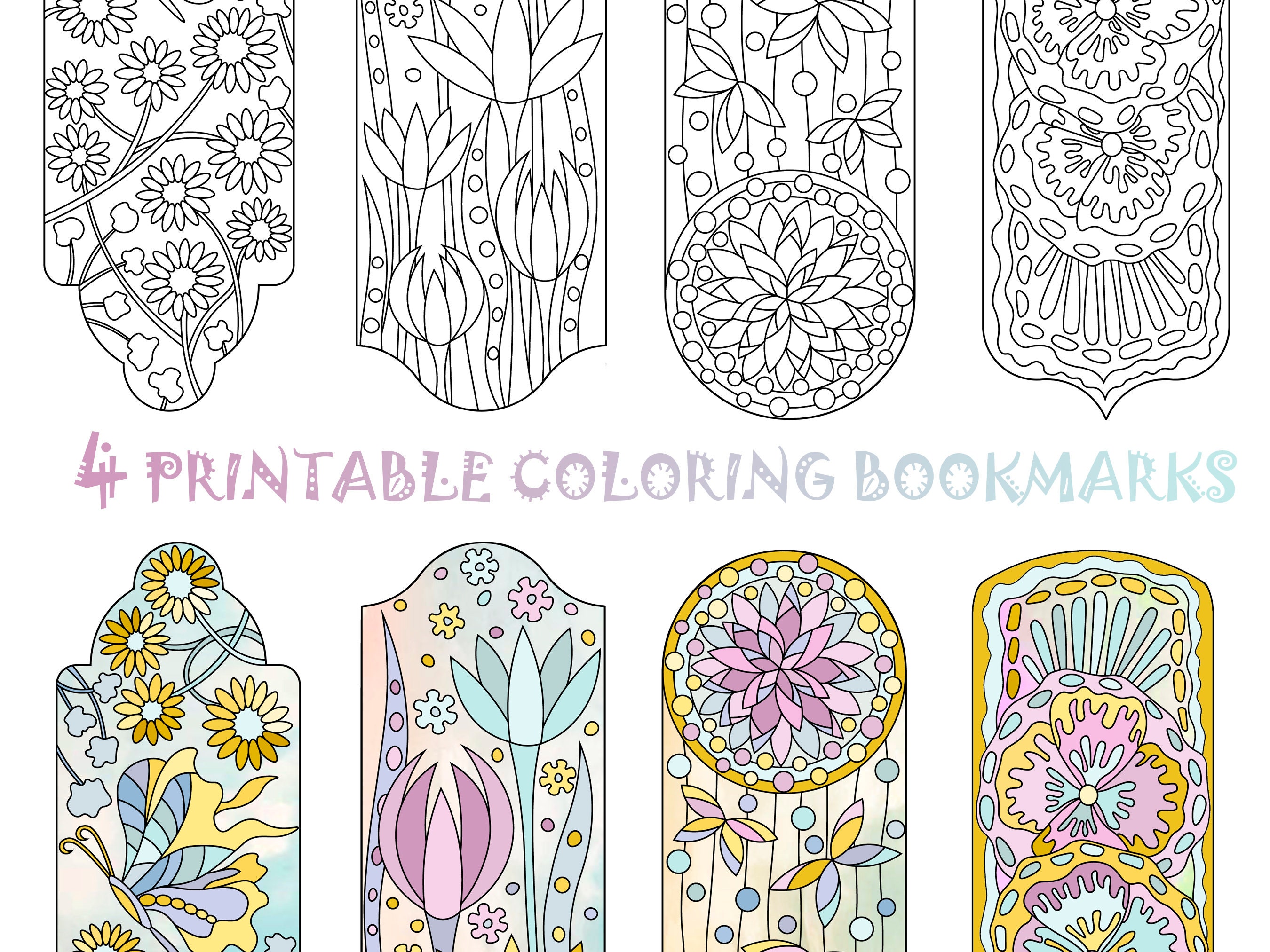 Flower Coloring Bookmark Set of 4 Printable Spring Adult - Etsy