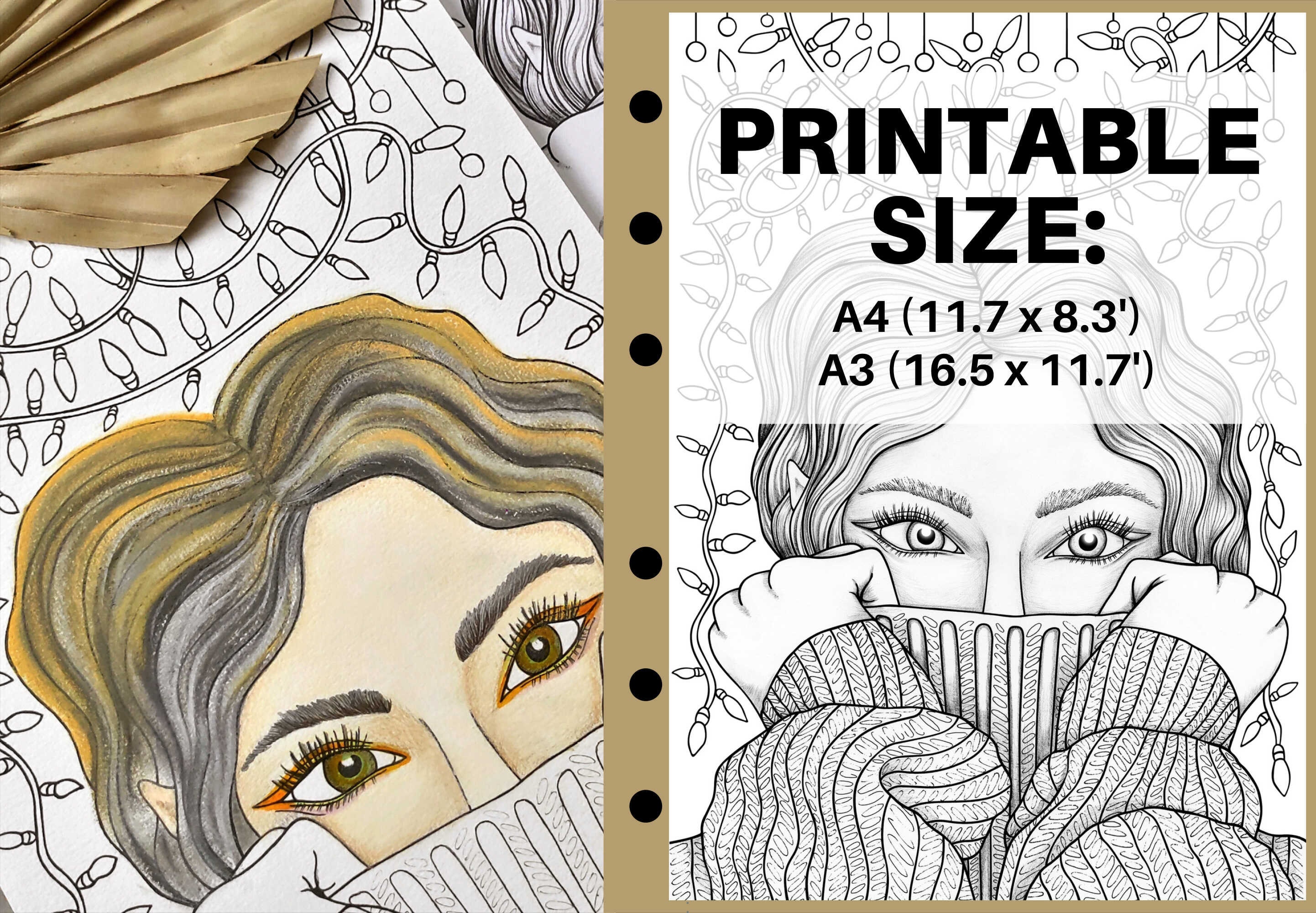 Grayscale Cute Girls Coloring Pages Printable, Cozy Adult Coloring Book ...