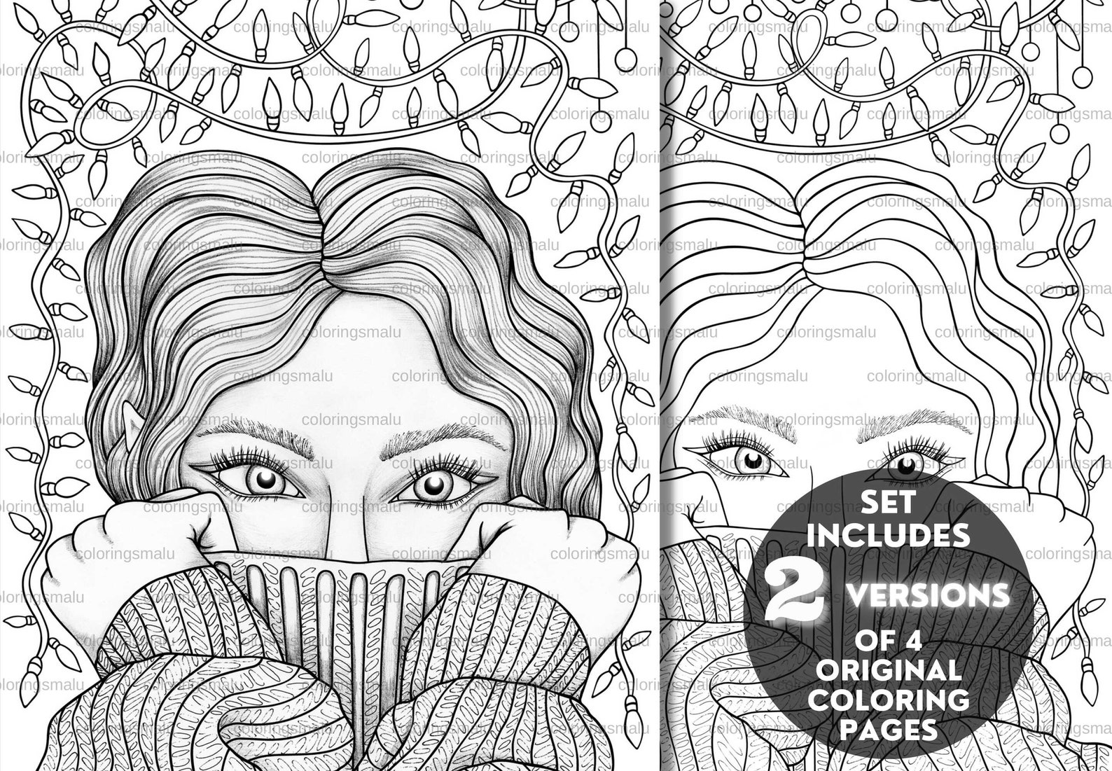 Grayscale Cute Girls Coloring Pages Printable, Cozy Adult Coloring Book ...