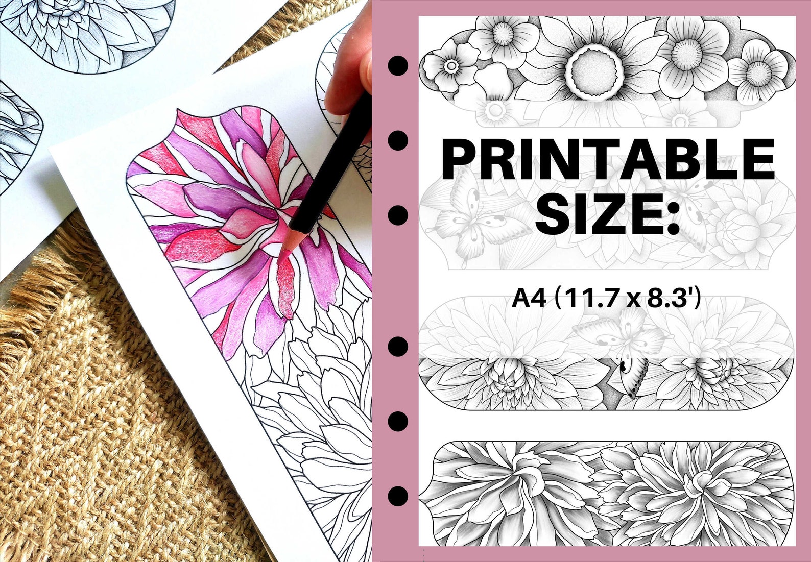 Grayscale Floral Coloring Bookmarks Printable, Cute Coloring Page for ...