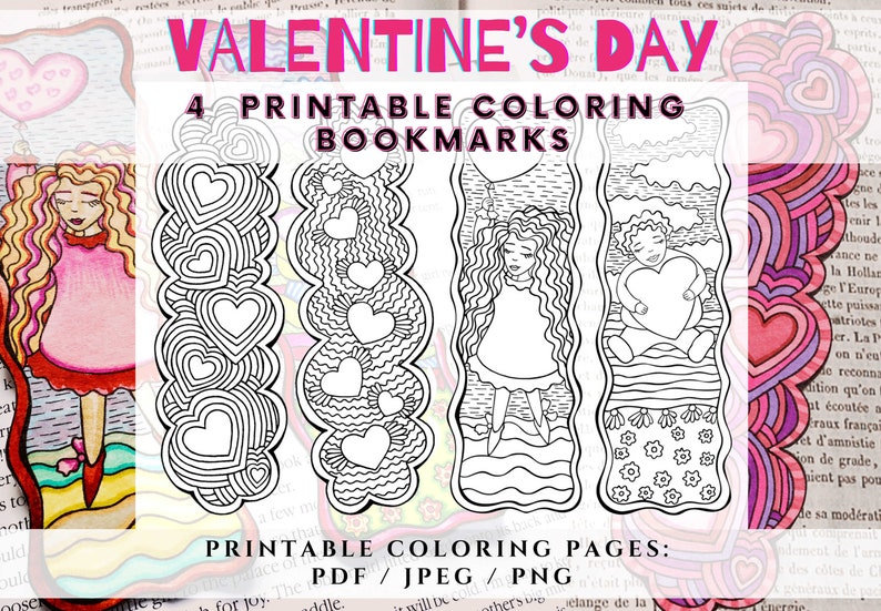 Valentines Day Coloring Bookmarks Printable, Doodle Heart Mini Coloring ...