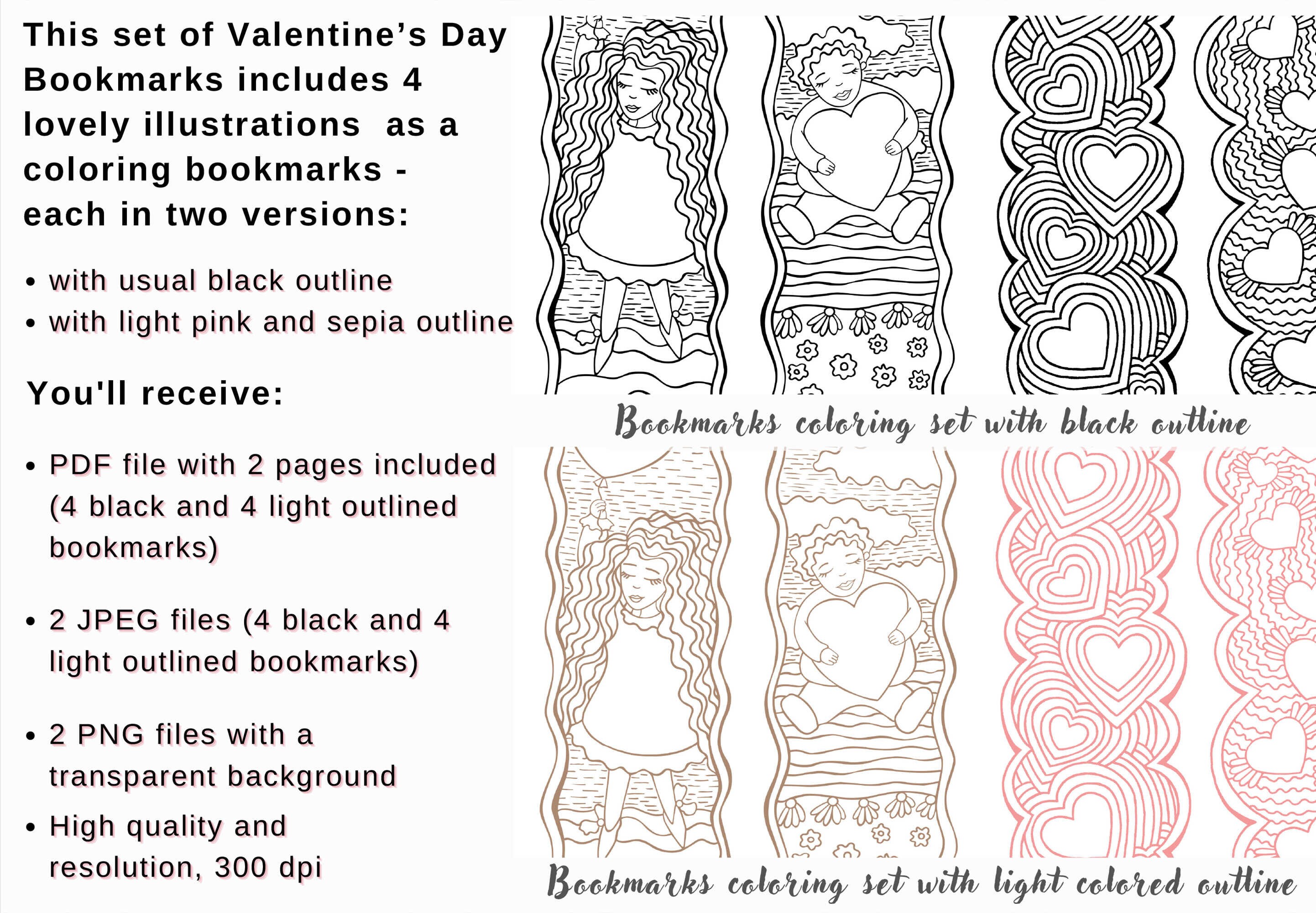 Valentines Day Coloring Bookmarks Printable, Doodle Heart Mini Coloring ...