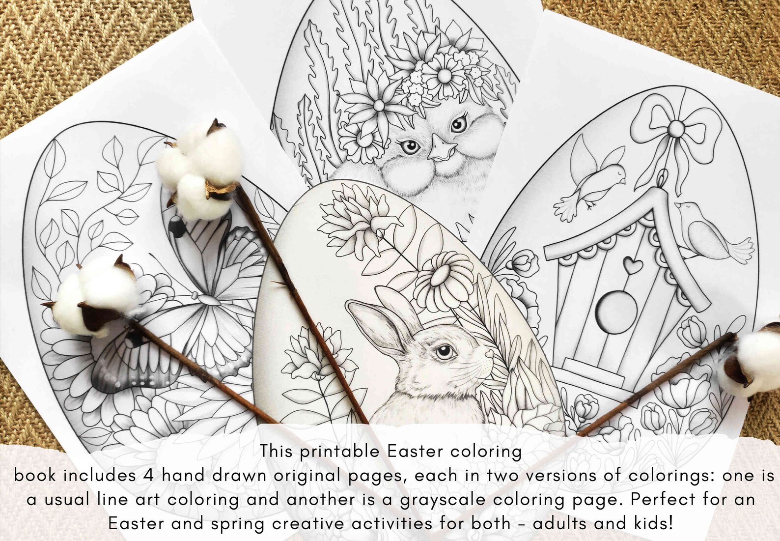 Printable Easter Egg Coloring Pages for Adults, Grayscale Cute Coloring ...