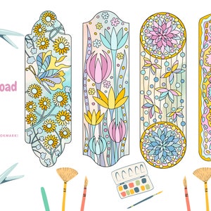 Flower Coloring Bookmark Set of 4 Printable Spring Adult - Etsy