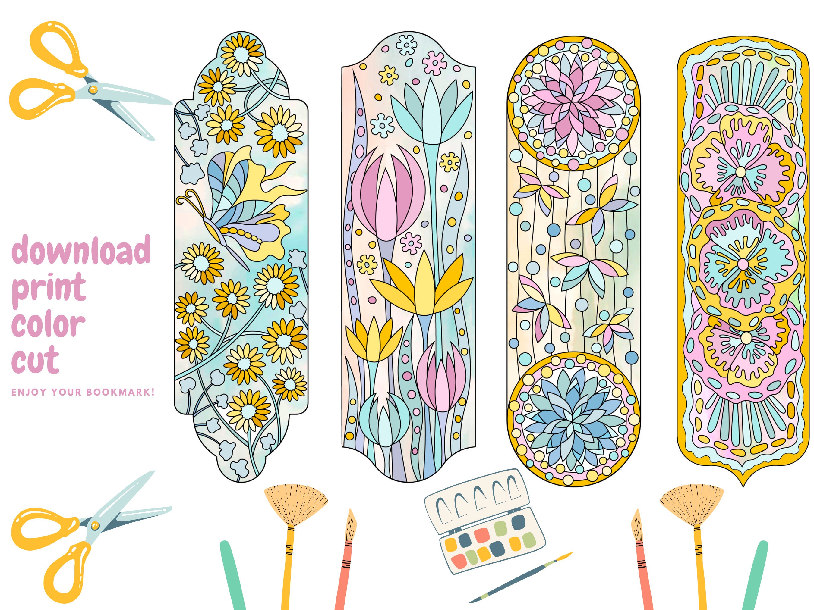 Flower Coloring Bookmark Set of 4 Printable Spring Adult - Etsy