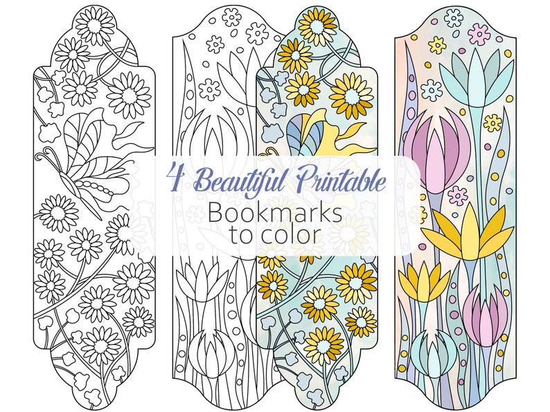 Flower Coloring Bookmark Set of 4 Printable Spring Adult - Etsy