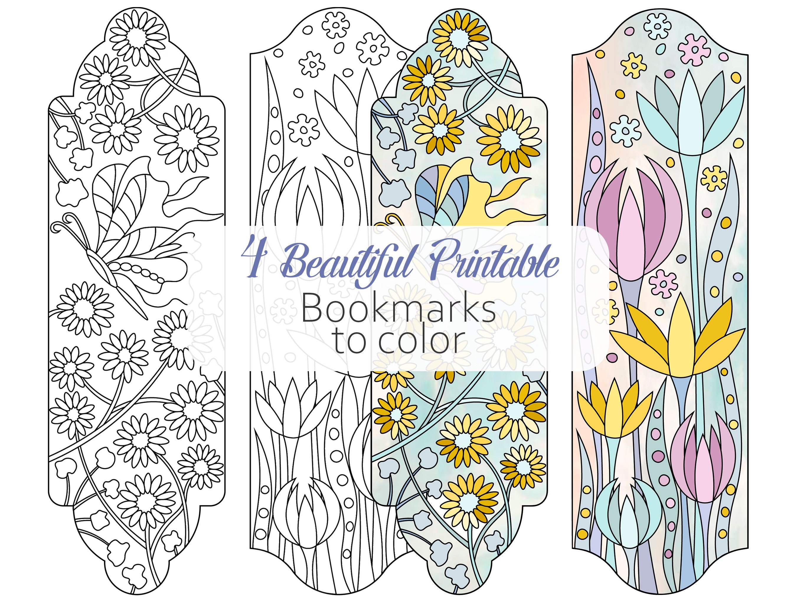 Flower Coloring Bookmark Set of 4 Printable Spring Adult - Etsy