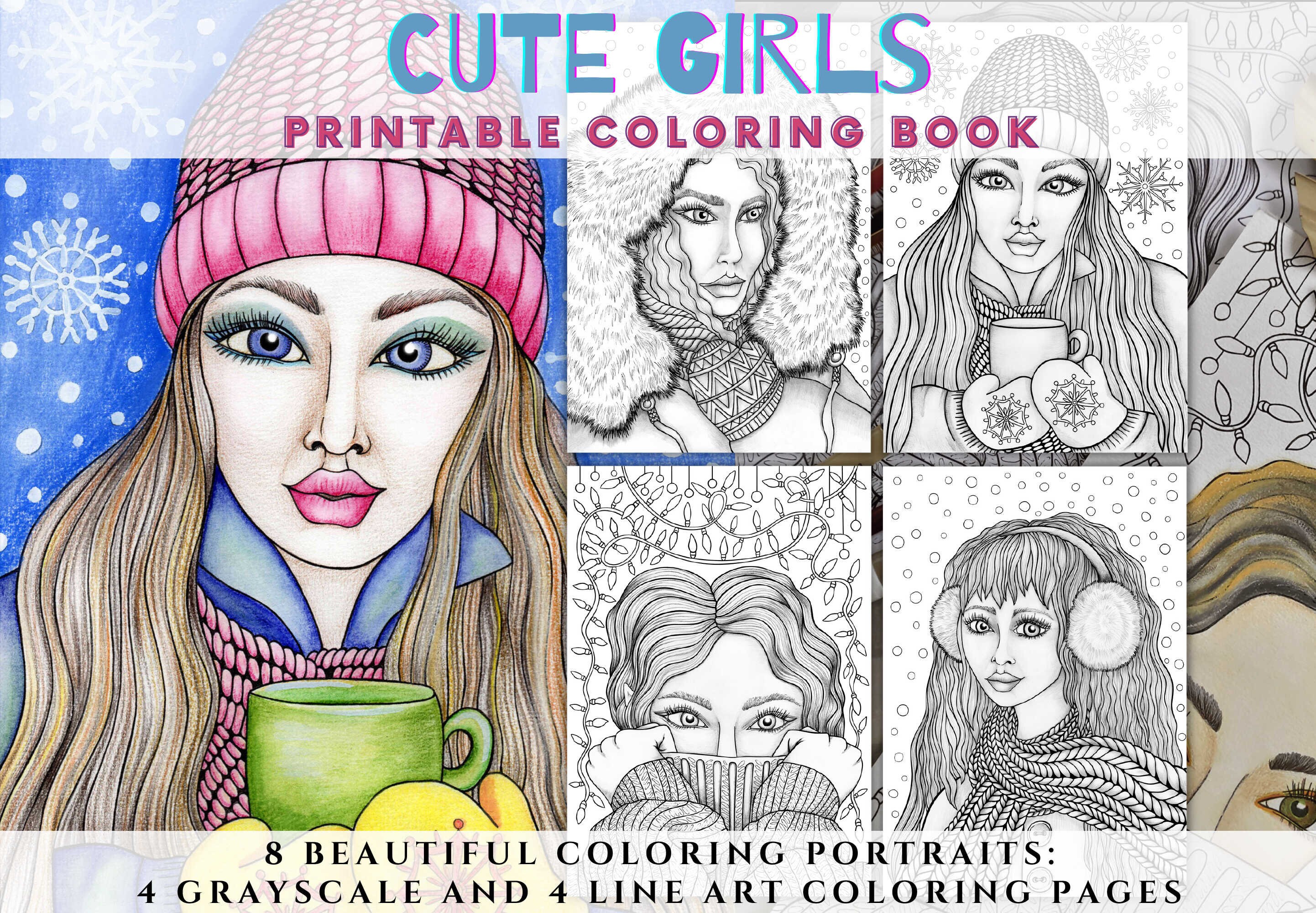 Grayscale Cute Girls Coloring Pages Printable, Cozy Adult Coloring Book ...