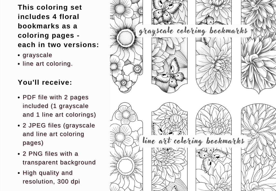 Grayscale Floral Coloring Bookmarks Printable, Cute Coloring Page for ...