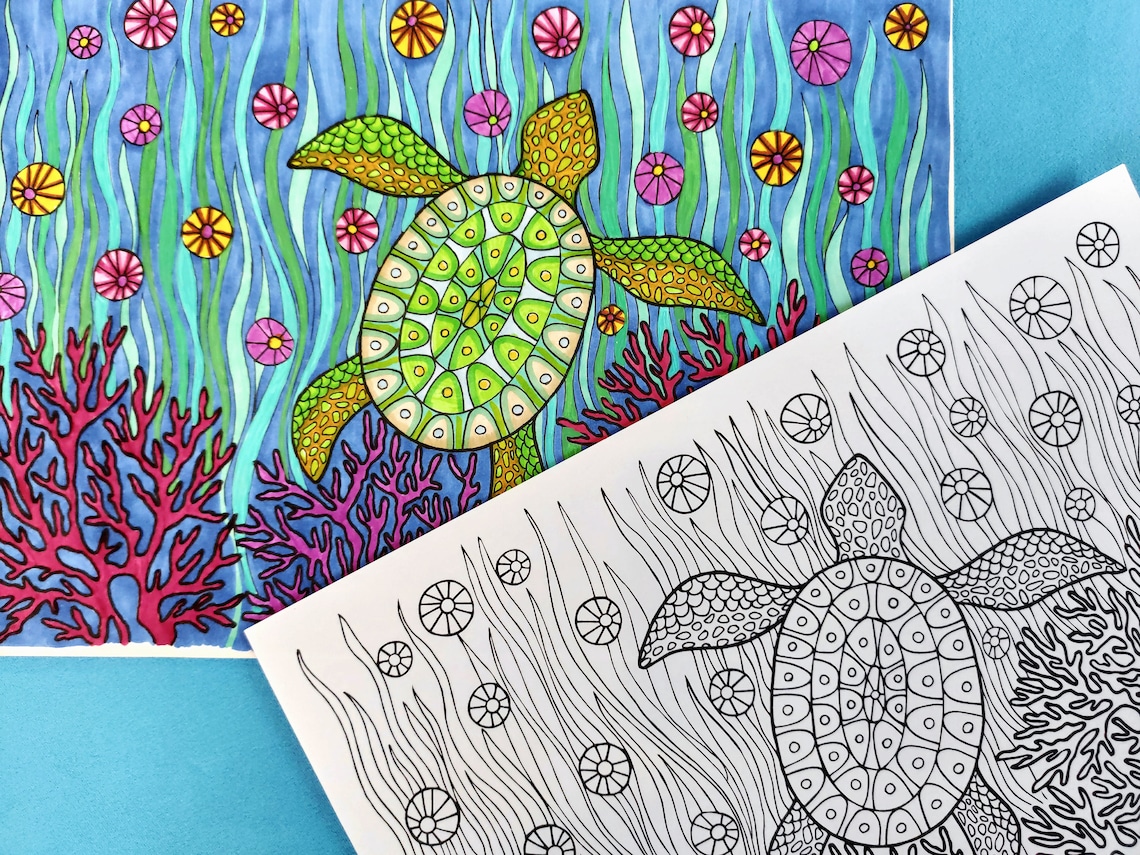 Sea Turtle Adult Coloring Pages Printable PDF Hand Drawn - Etsy