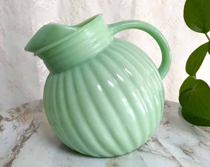 Vintage Circa 1990's Jadeite Green Milk Glass Ribbed Melon Ball Pitcher ...